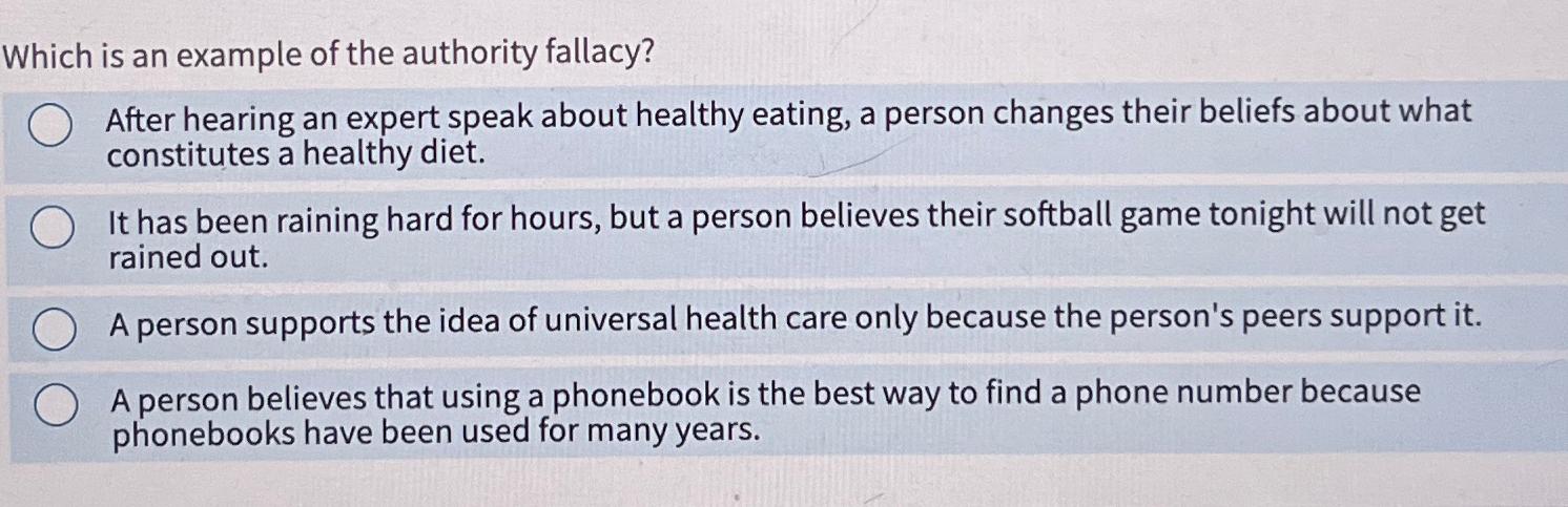 Solved Which is an example of the authority fallacy?After | Chegg.com