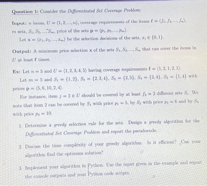 Solved Question 1: Consider the Differentiated Set Coverage | Chegg.com