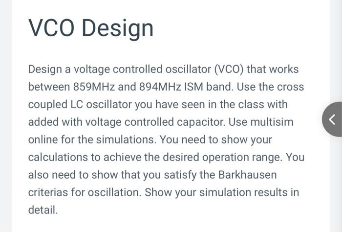 Solved VCO Design г Design a voltage controlled oscillator | Chegg.com