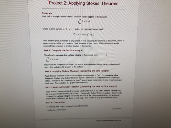 Solved Project 2: Applying Stokes' Theorem Overview Your | Chegg.com