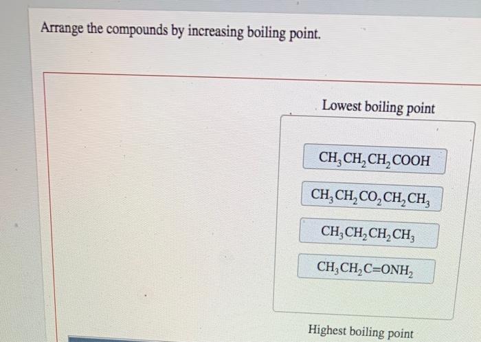 Solved Arrange the compounds by increasing boiling point. | Chegg.com
