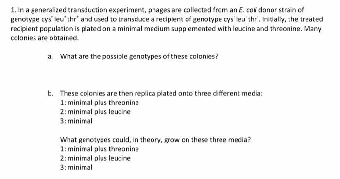 Solved 1. In a generalized transduction experiment, phages | Chegg.com