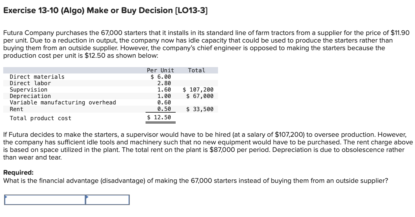 Solved Exercise 13-10 (Algo) ﻿Make or Buy Decision | Chegg.com