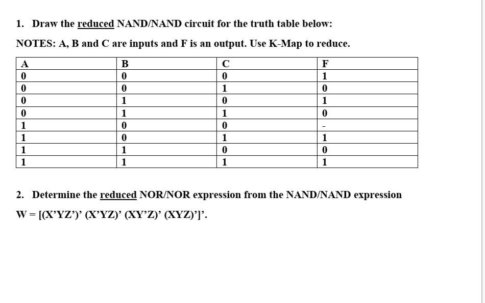 Solved 1. Draw the reduced NAND/NAND circuit for the truth | Chegg.com