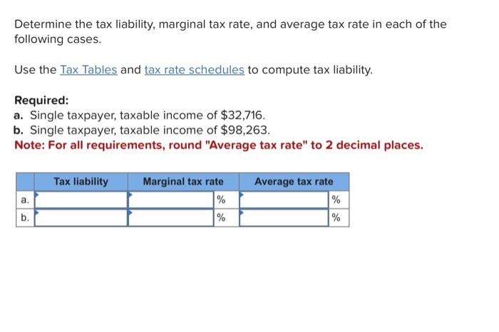 Determine the tax liability, marginal tax rate, and | Chegg.com
