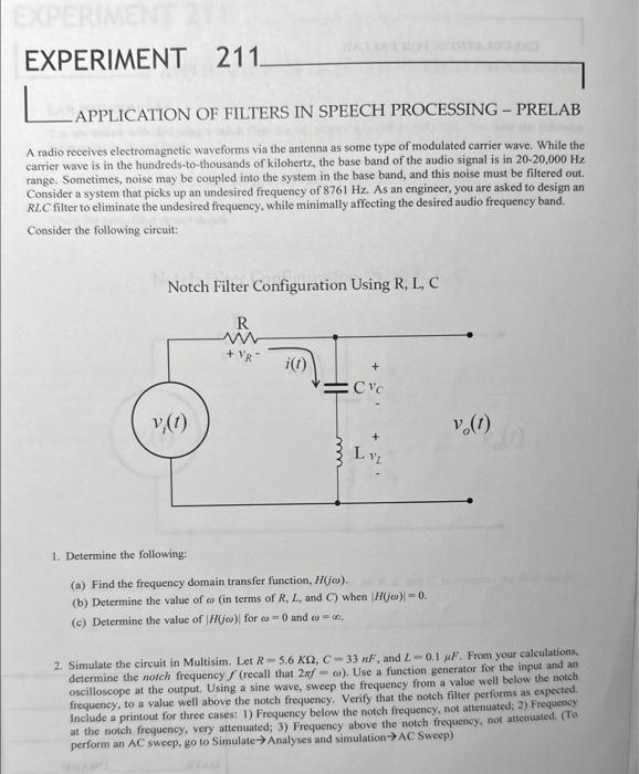 Solved EXPERIMENT 211 APPLICATION OF FILTERS IN SPEECH | Chegg.com