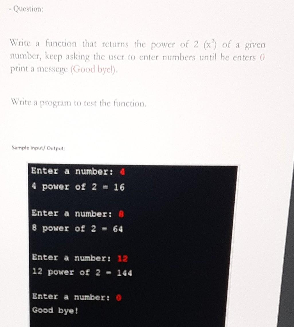 Solved - Question: Write a function that returns the power | Chegg.com