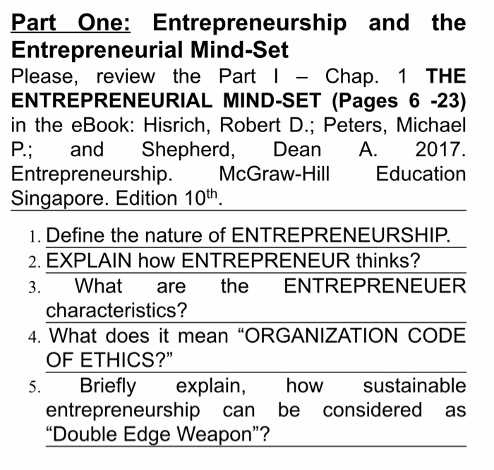 Solved: Part One: Entrepreneurship And The Entrepreneurial... | Chegg.com