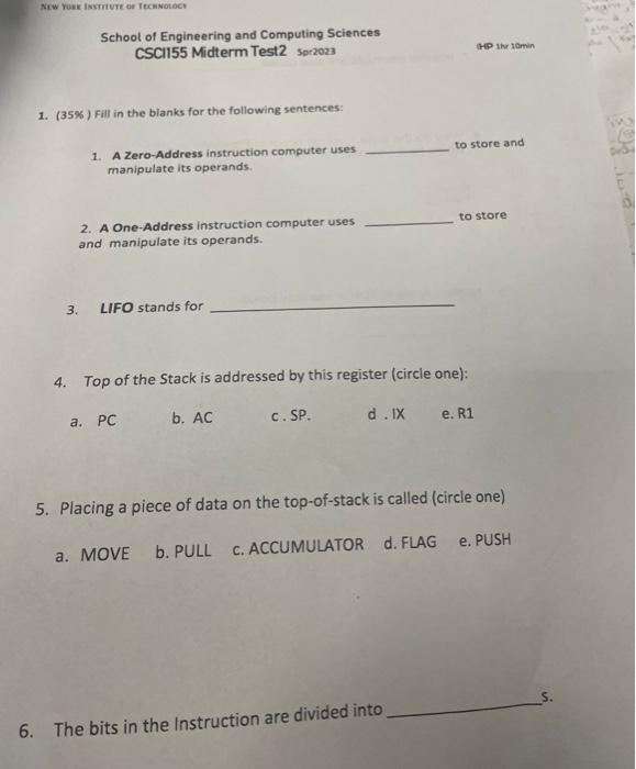 Solved 1. (35%) Fill in the blanks for the following | Chegg.com