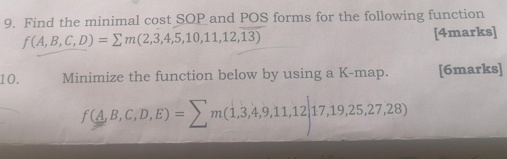 Solved 9. Find the minimal cost SOP and POS forms for the | Chegg.com