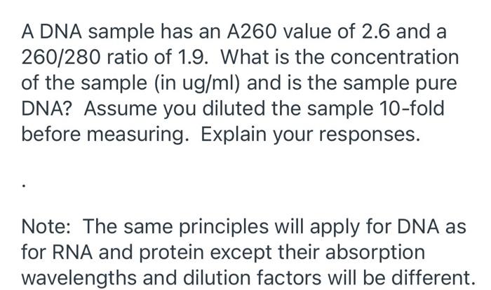 Solved A DNA sample has an A260 value of 2.6 and a 260/280 | Chegg.com
