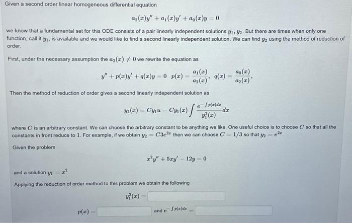 Solved Given a second order linear homogeneous differential | Chegg.com