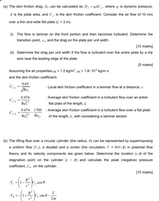 Solved (a) The skin friction drag, D. can be calculated as | Chegg.com
