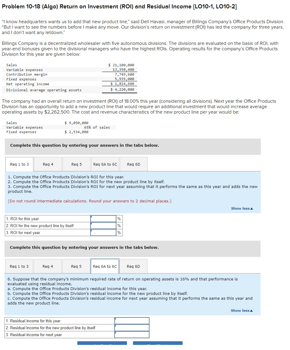 Solved Problem 10-18 (Algo) ﻿Return on Investment (ROI) ﻿and | Chegg.com