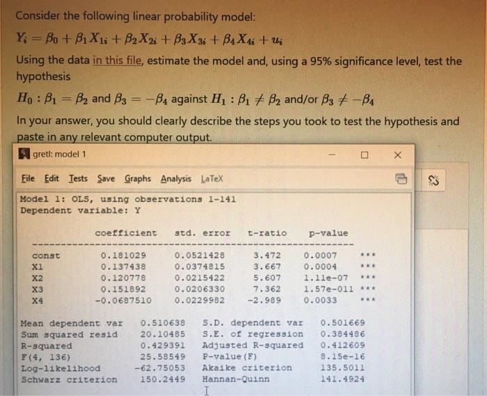 Solved Consider the following linear probability model: Y; = | Chegg.com