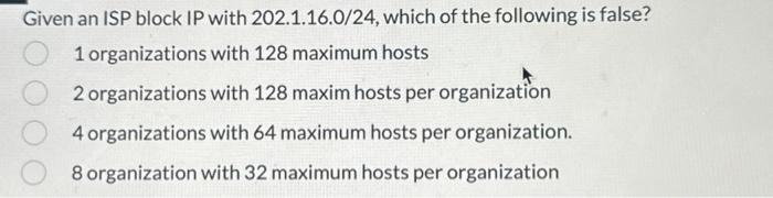 Solved Given an ISP block IP with 202.1.16.0/24, which of | Chegg.com