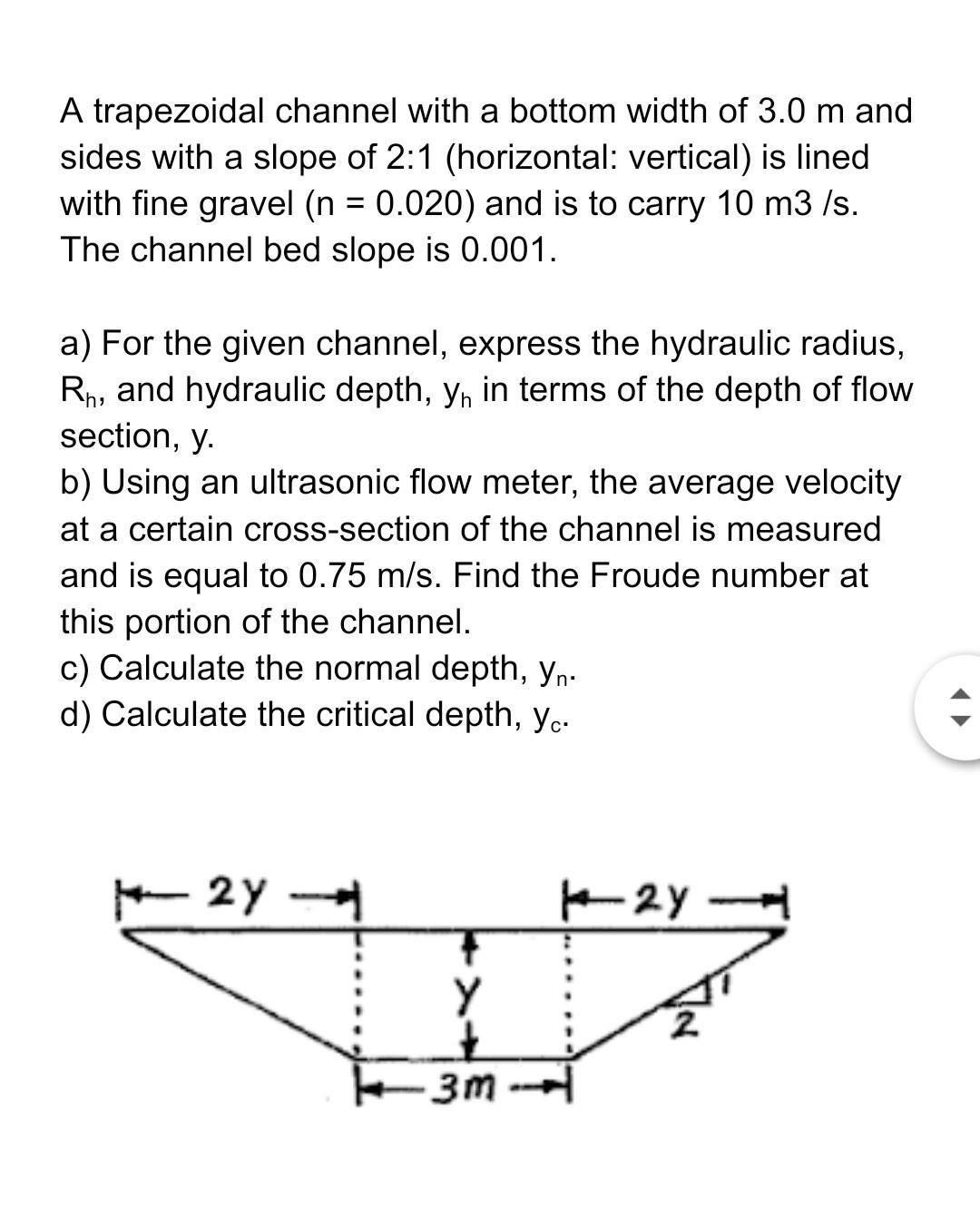 Solved A trapezoidal channel with a bottom width of 3.0 m | Chegg.com