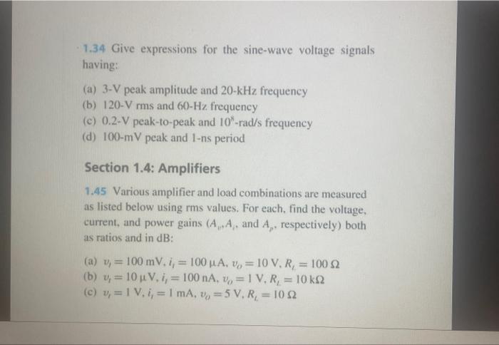Solved 1.34 Give expressions for the sine-wave voltage | Chegg.com