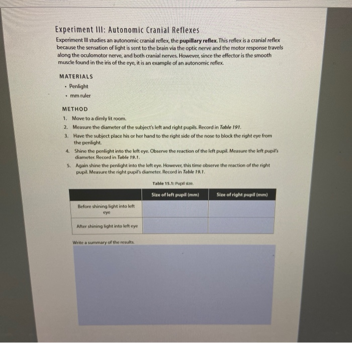 Experiment III: Autonomic Cranial Reflexes Experiment | Chegg.com
