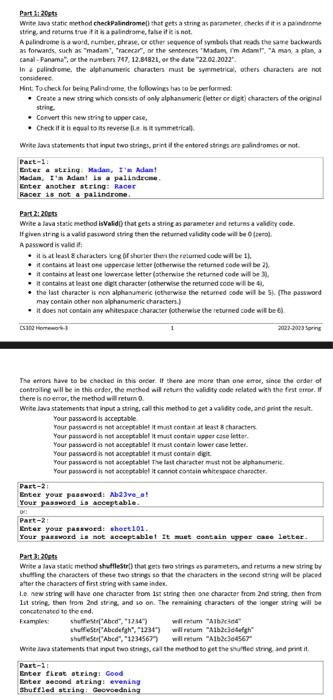 Solved Part liagst Wite lwa static method checkpalindromel | Chegg.com