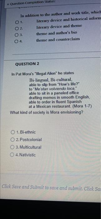 QUESTION 2 In Pat Mora's "Illegal Alien" he states | Chegg.com