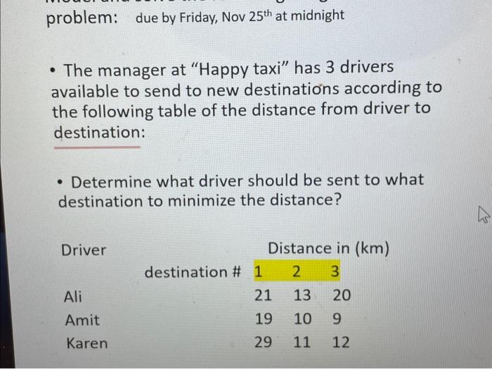 Solved - The manager at "Happy taxi" has 3 drivers available | Chegg.com