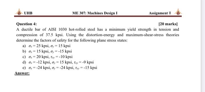 Solved UHBME 307: Machines Design IAssignment IIQuestion | Chegg.com
