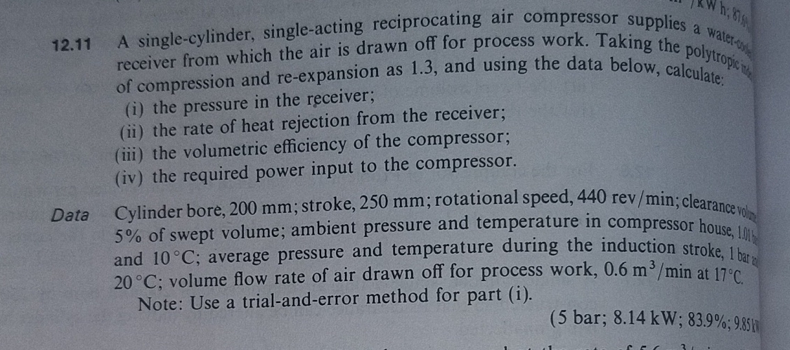 Solved 12.11 ﻿A single-cylinder, single-acting reciprocating | Chegg.com