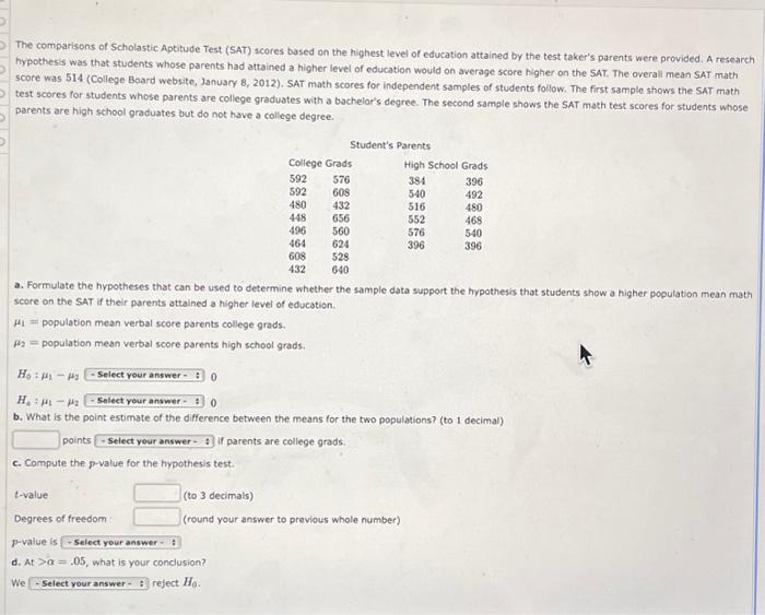 The comparisons of Scholastic Aptitude Test (SAT) | Chegg.com