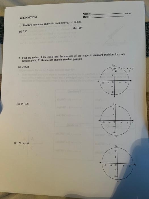 Solved 1 Find Two Coterminal Angles For Each Ot The Grven