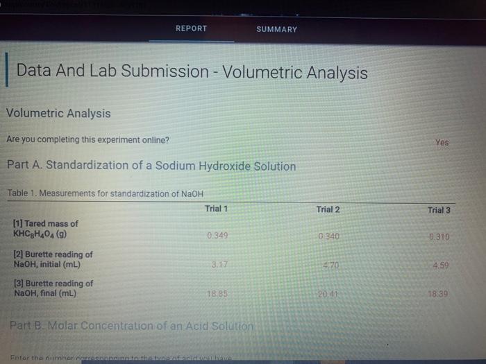 Solved REPORT SUMMARY 14pts) Part A. Standardization of a | Chegg.com