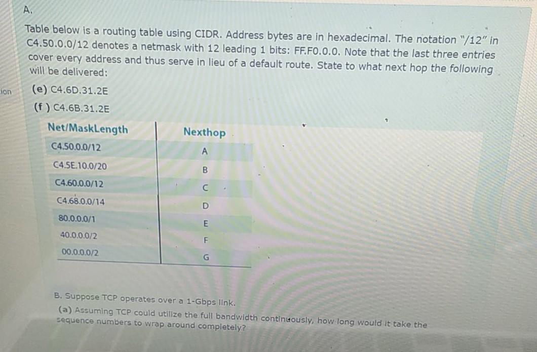 Solved A. cion Table below is a routing table using CIDR. | Chegg.com