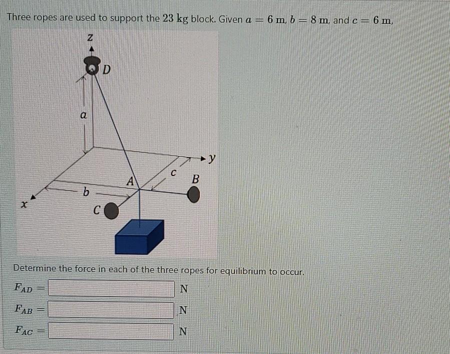 Solved Three ropes are used to support the 23 kg block. | Chegg.com