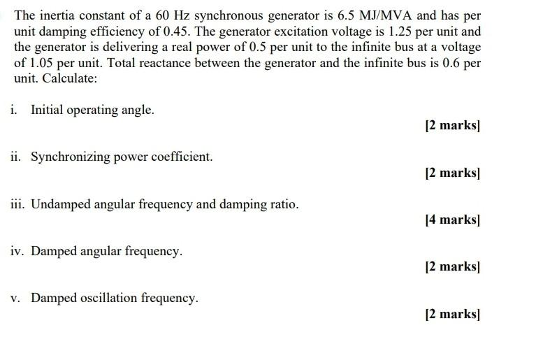 Solved The inertia constant of a 60 Hz synchronous generator | Chegg.com