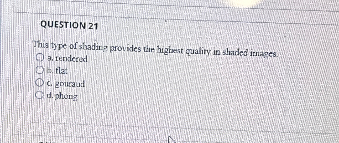 Solved QUESTION 21This type of shading provides the highest | Chegg.com