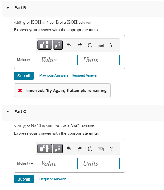 Solved Ppriate units.Part B4.50g ﻿of KOH in 4.50L ﻿of a KOH | Chegg.com