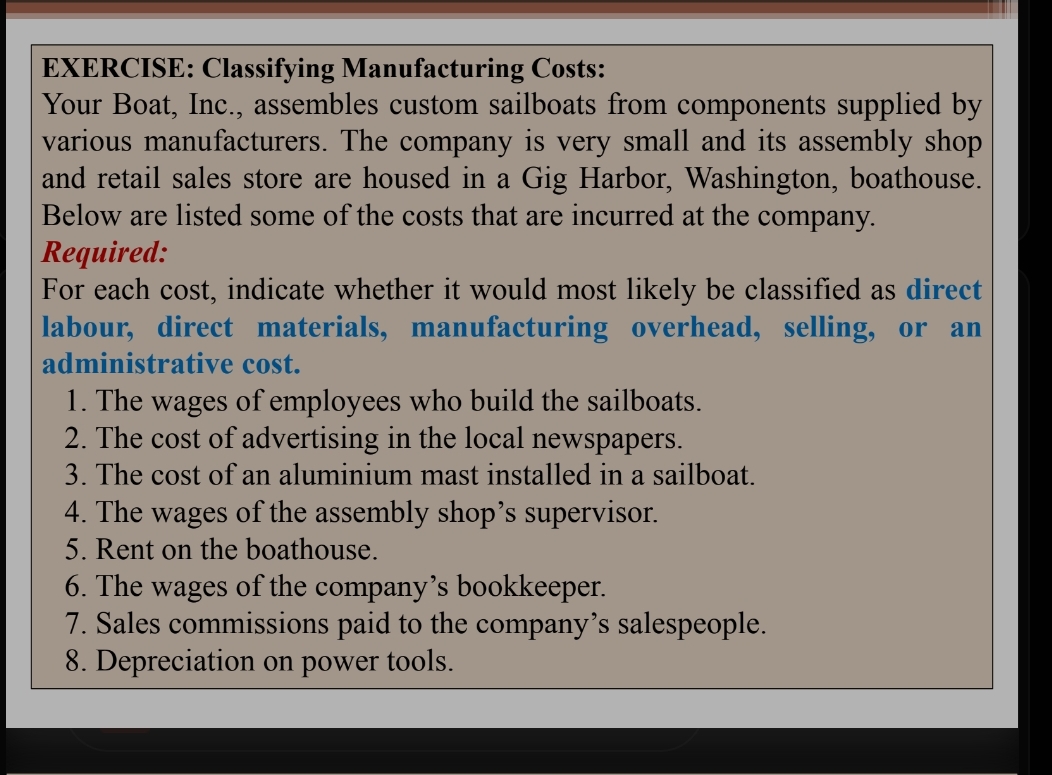 Solved EXERCISE: Classifying Manufacturing Costs:Your Boat, | Chegg.com