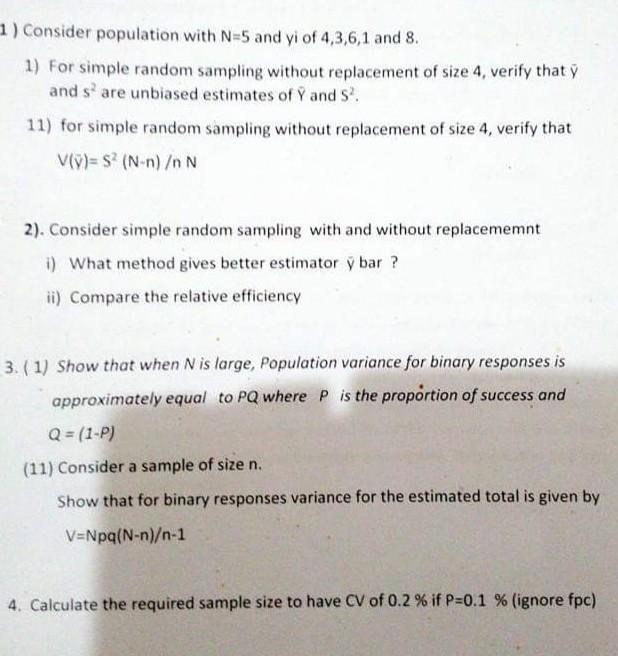 Solved ) Consider population with N=5 and yi of 4,3,6,1 and | Chegg.com