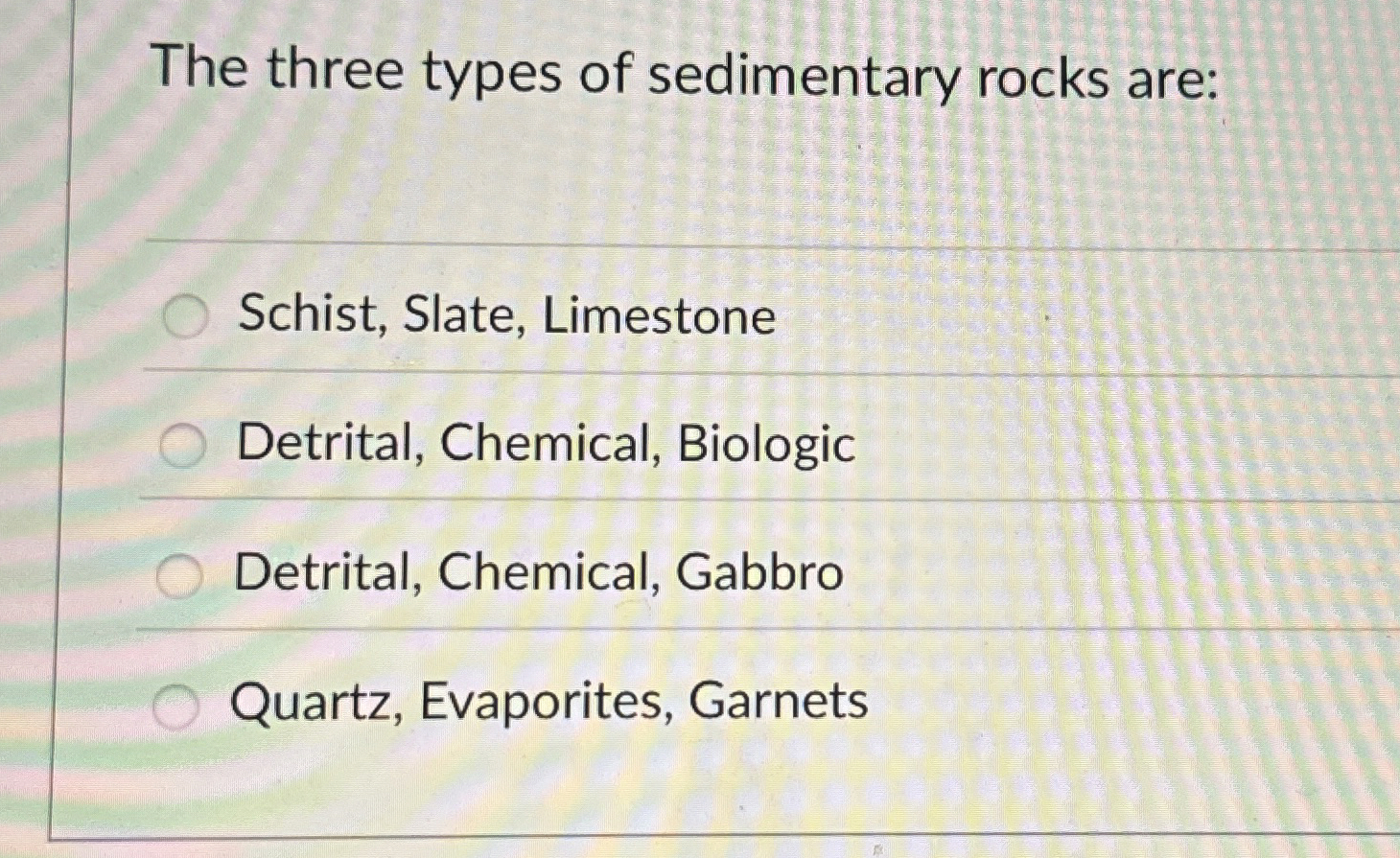 Solved The three types of sedimentary rocks are:Schist, | Chegg.com