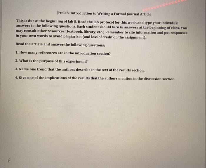 Prelab: Introduction to Writing a Formal Journal | Chegg.com