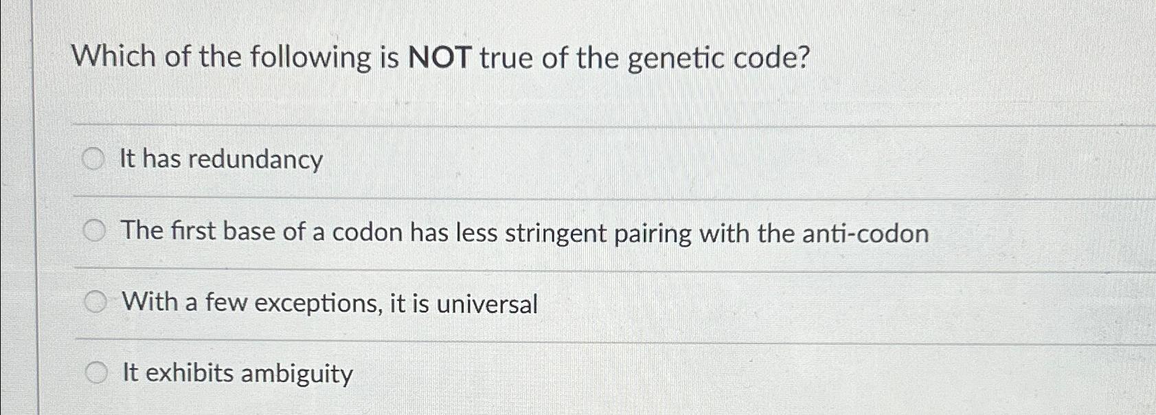 Solved Which of the following is NOT true of the genetic | Chegg.com