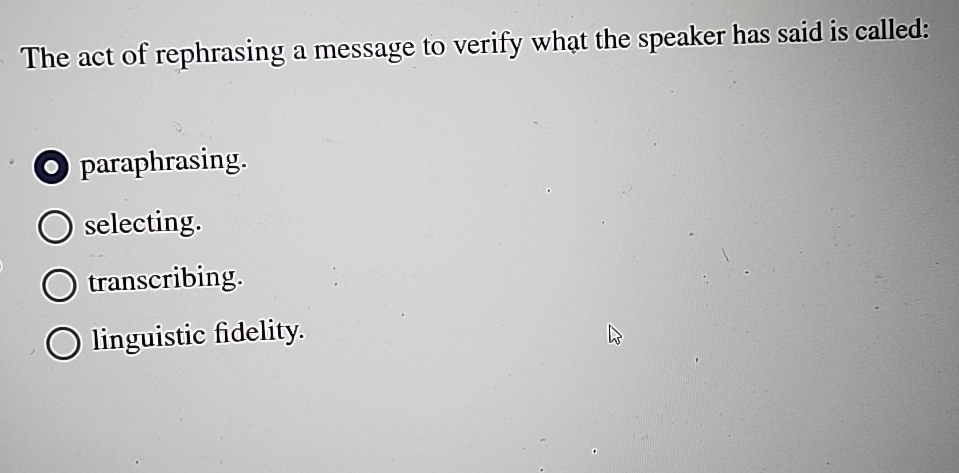 Solved The act of rephrasing a message to verify what the | Chegg.com
