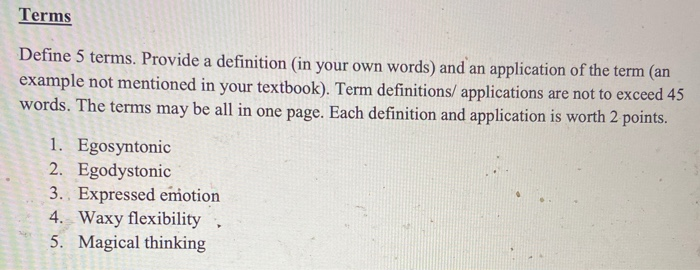 Solved Terms Define 5 terms. Provide a definition (in your | Chegg.com
