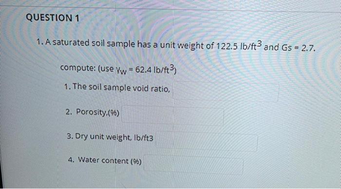 Solved QUESTION 1 1. A saturated soil sample has a unit | Chegg.com