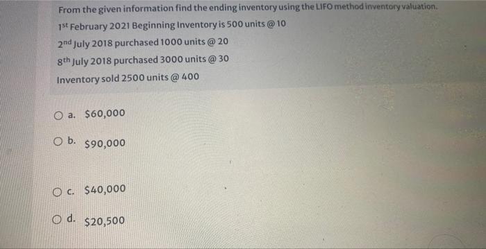 Solved From the given information find the ending inventory | Chegg.com