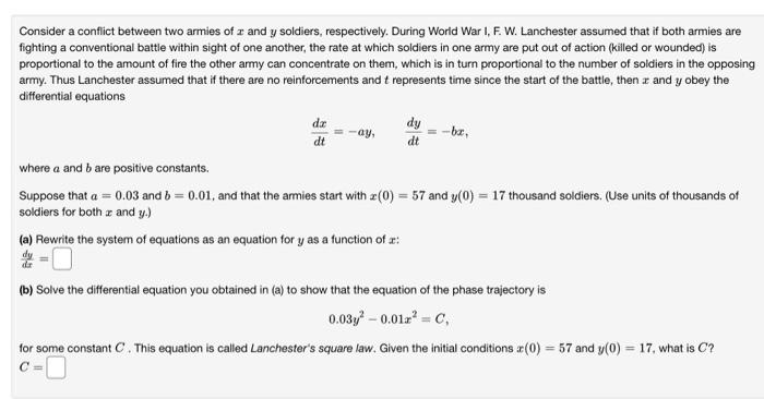 Solved Consider a conflict between two armies of 1 and y | Chegg.com