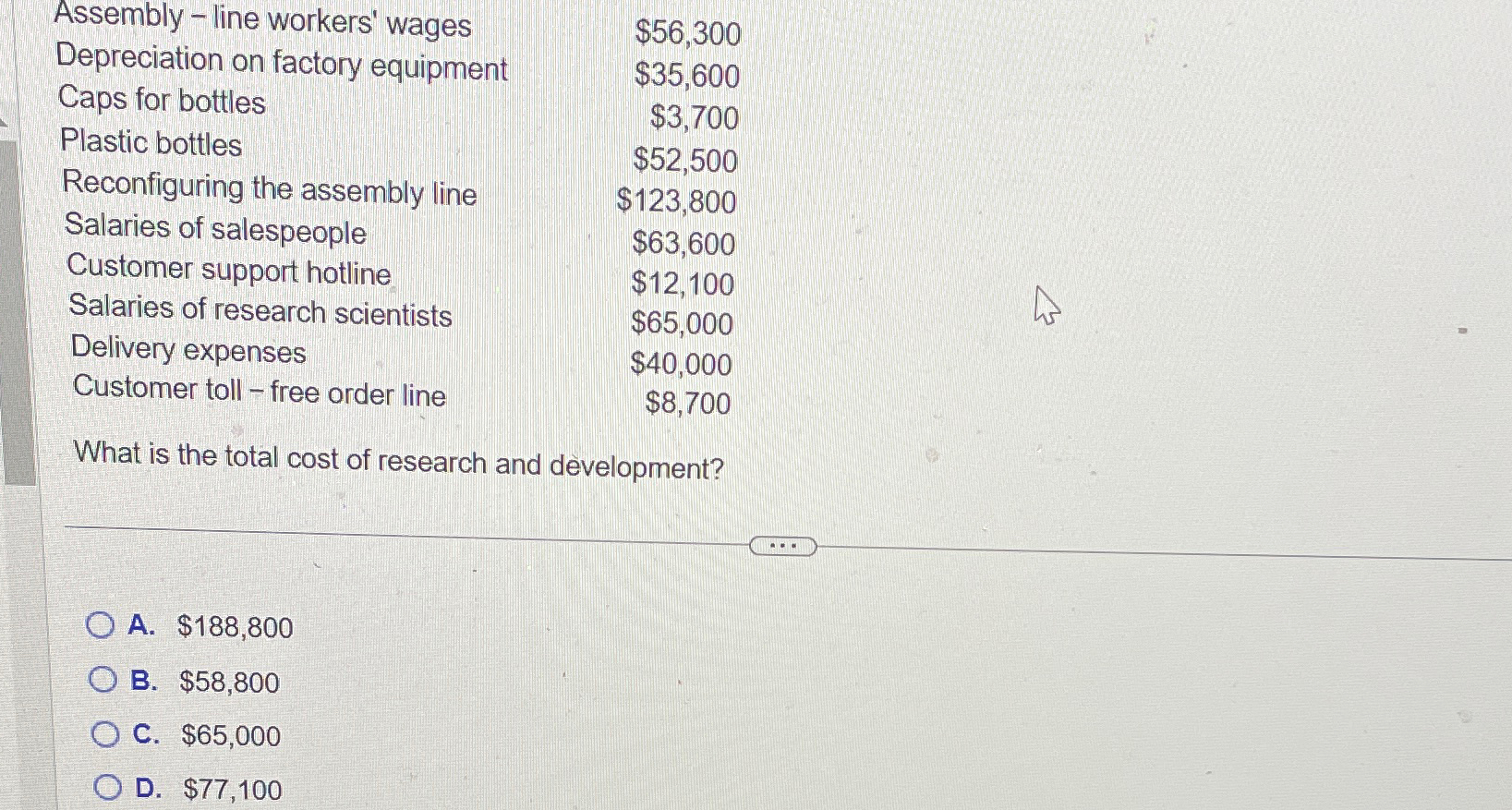 Solved \table[[Assembly - ﻿line workers' wages,$56,300 | Chegg.com