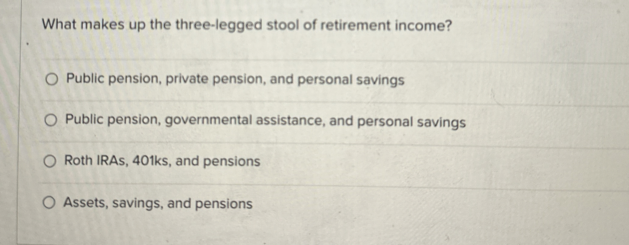 Solved What makes up the three-legged stool of retirement | Chegg.com