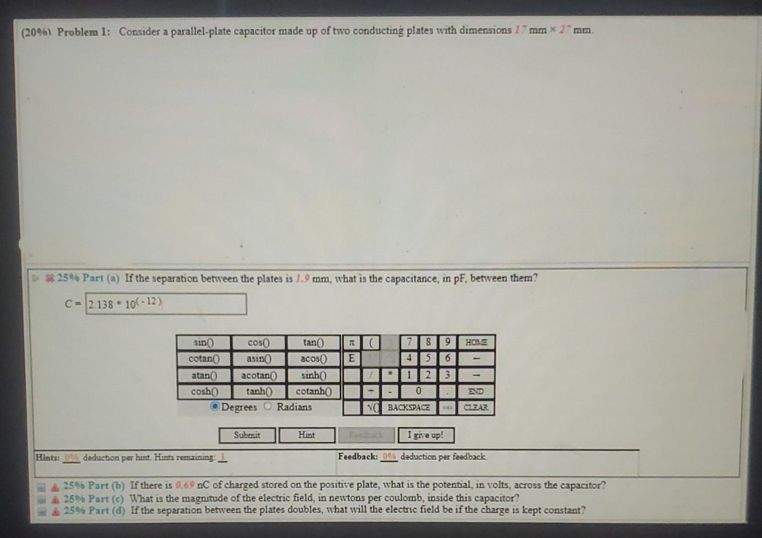 Solved (20\%) Problem 1: Consider a parallel-plate capacitor | Chegg.com