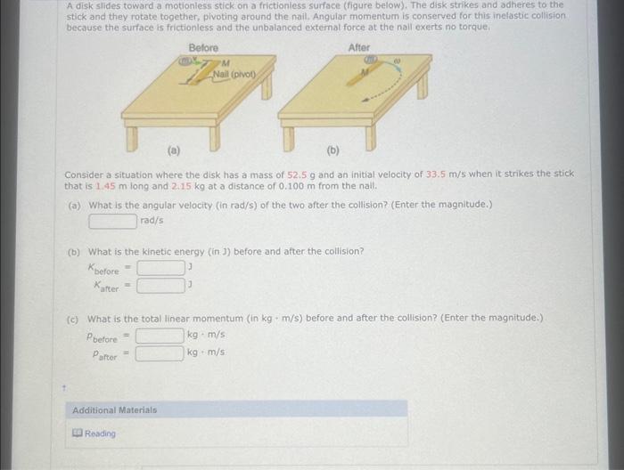 Solved A disk slides toward a motionless stick on a | Chegg.com